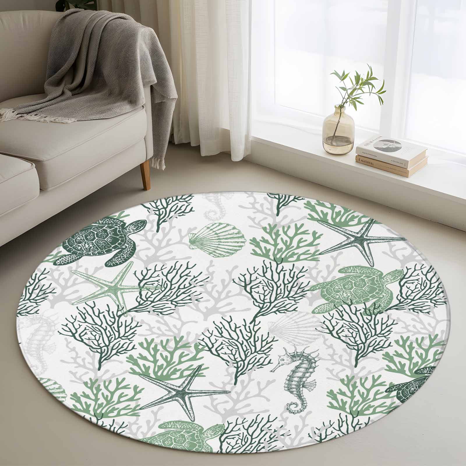 Area Rug 48in, Watercolor Green Gray Marine Life Floor Carpet Living ...