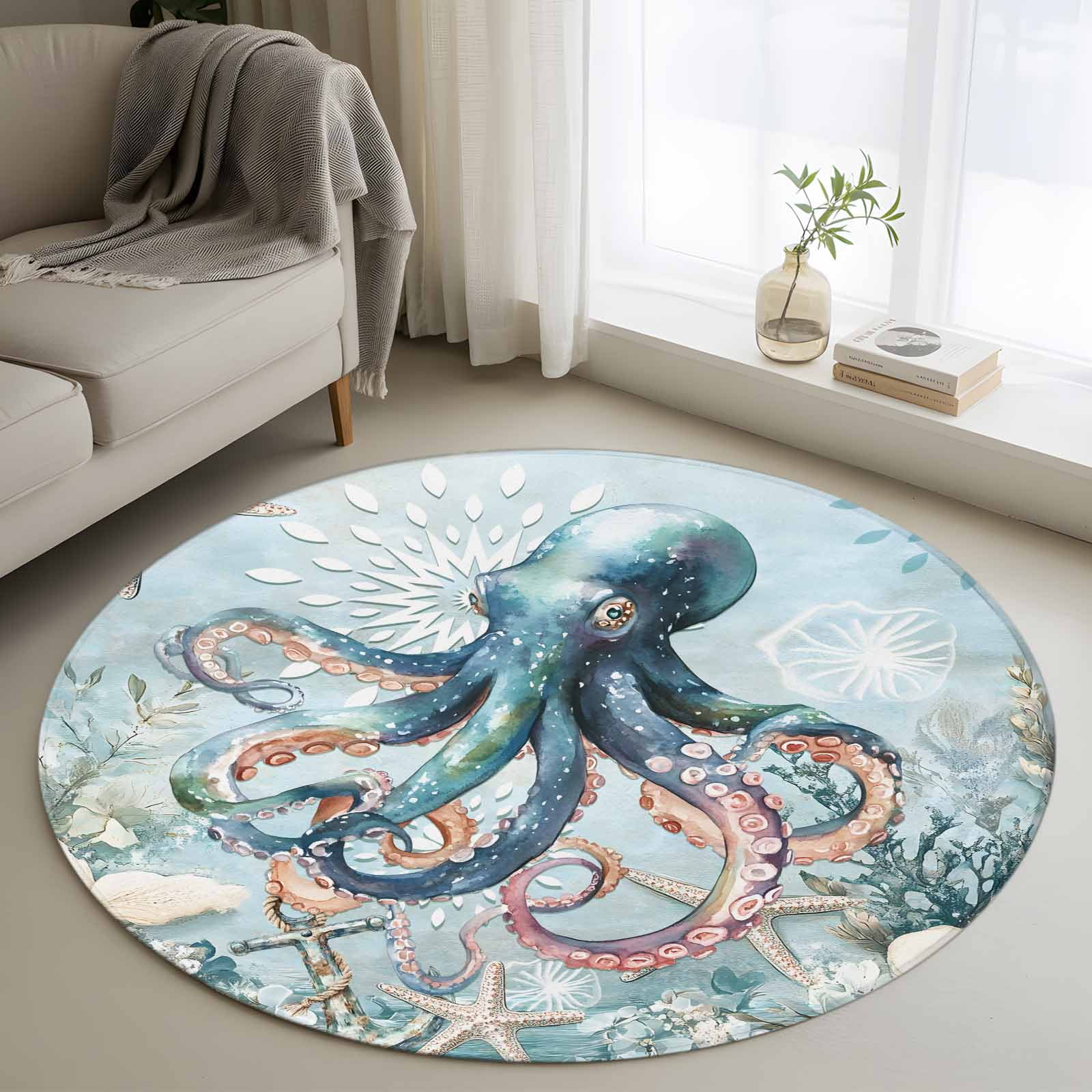 Area Rug 48in, Watercolor Marine Life Octopus Floor Carpet Living Room ...