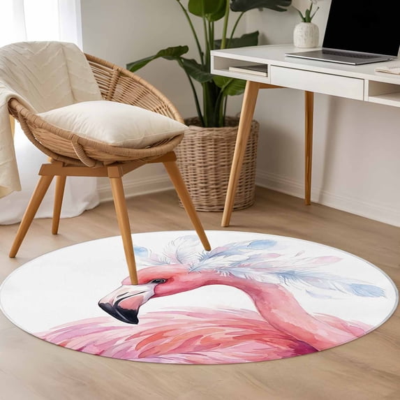 Area Rug 48in, Watercolor Pink Flamingo Feather Floor Carpet Living ...