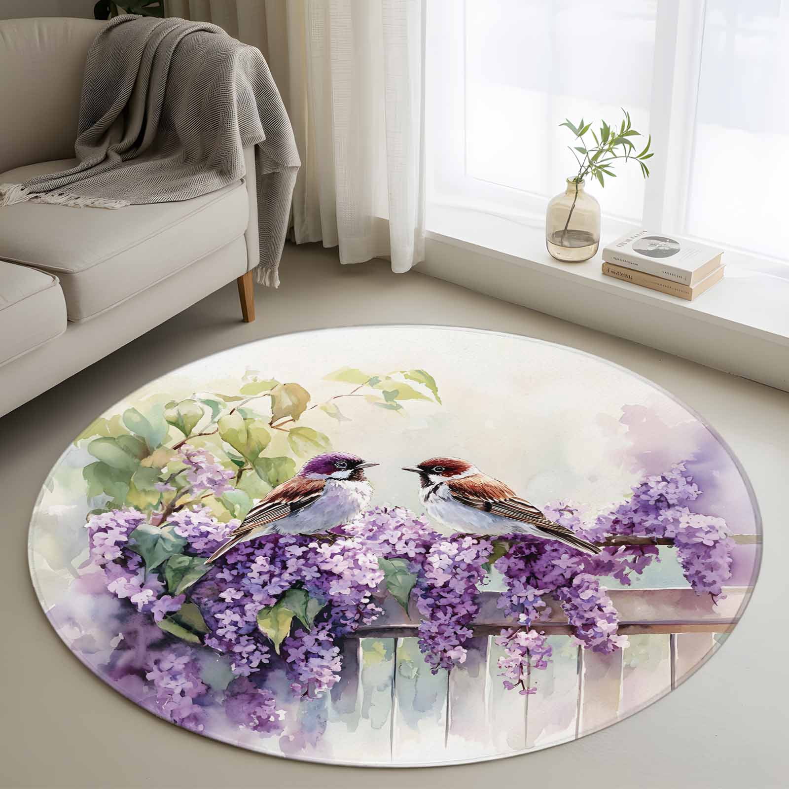 Area Rug 48in, Watercolor Sparrow Bird Lavender Floor Carpet Living ...