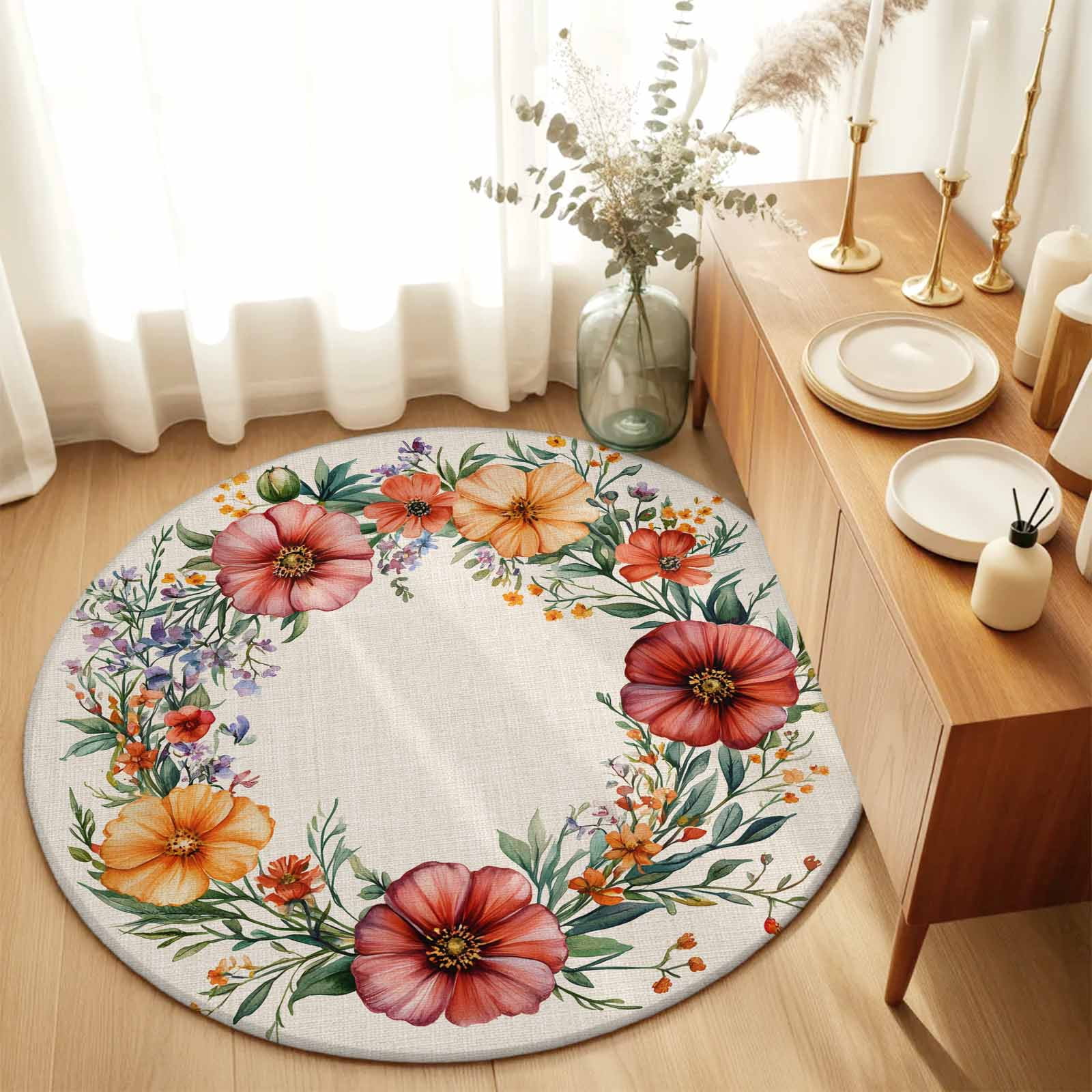 Area Rug 48in, Watercolor Spring Red Yellow Flower Garland Floor Carpet ...