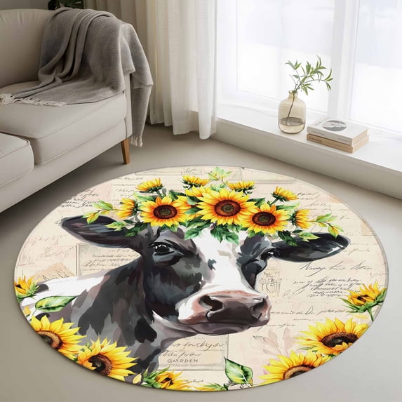 Area Rug 48in, Watercolor Sunflower Cow Farm Animal Floor Carpet Living ...