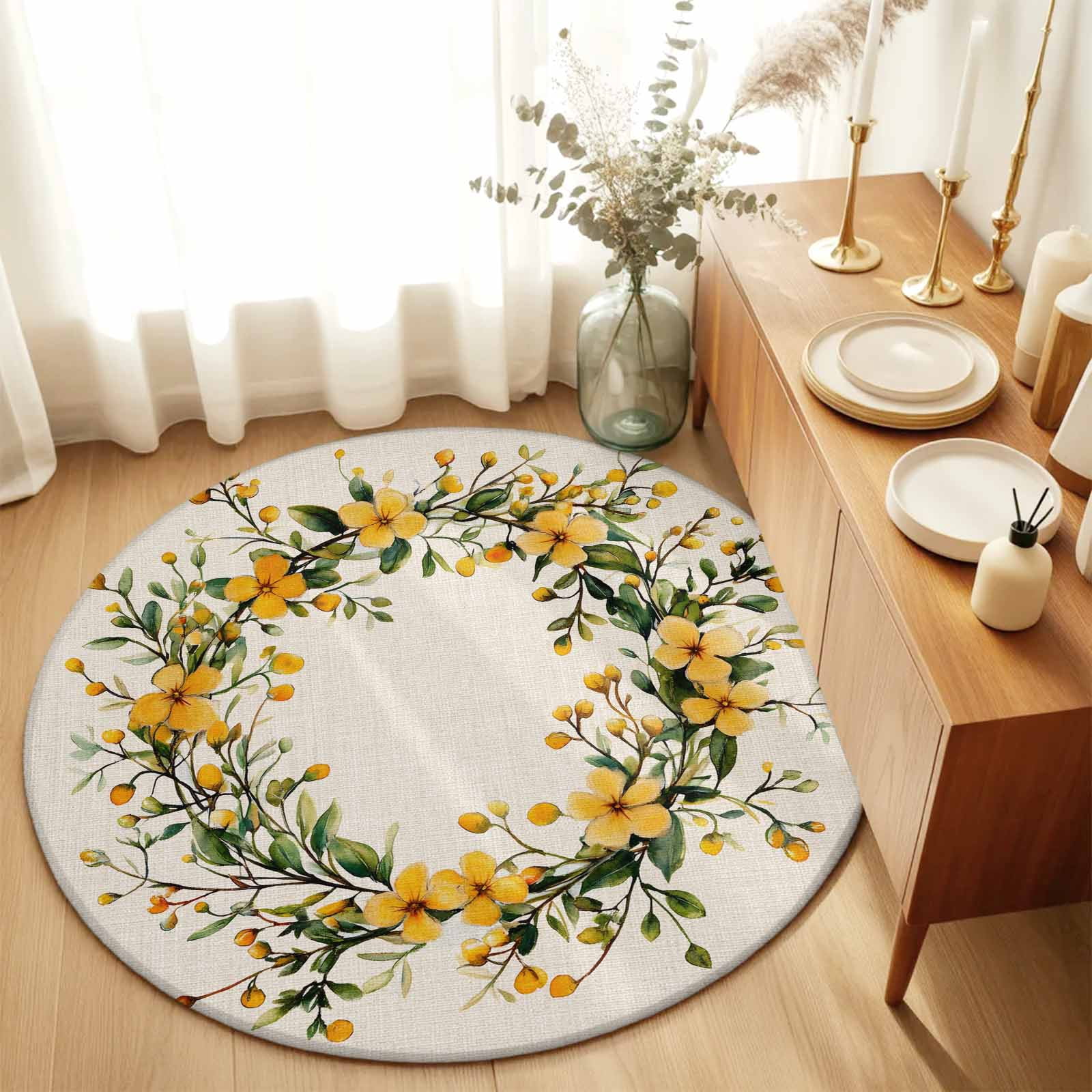 Area Rug 48in, Watercolor Yellow Flower on Vintage Linen Floor Carpet ...