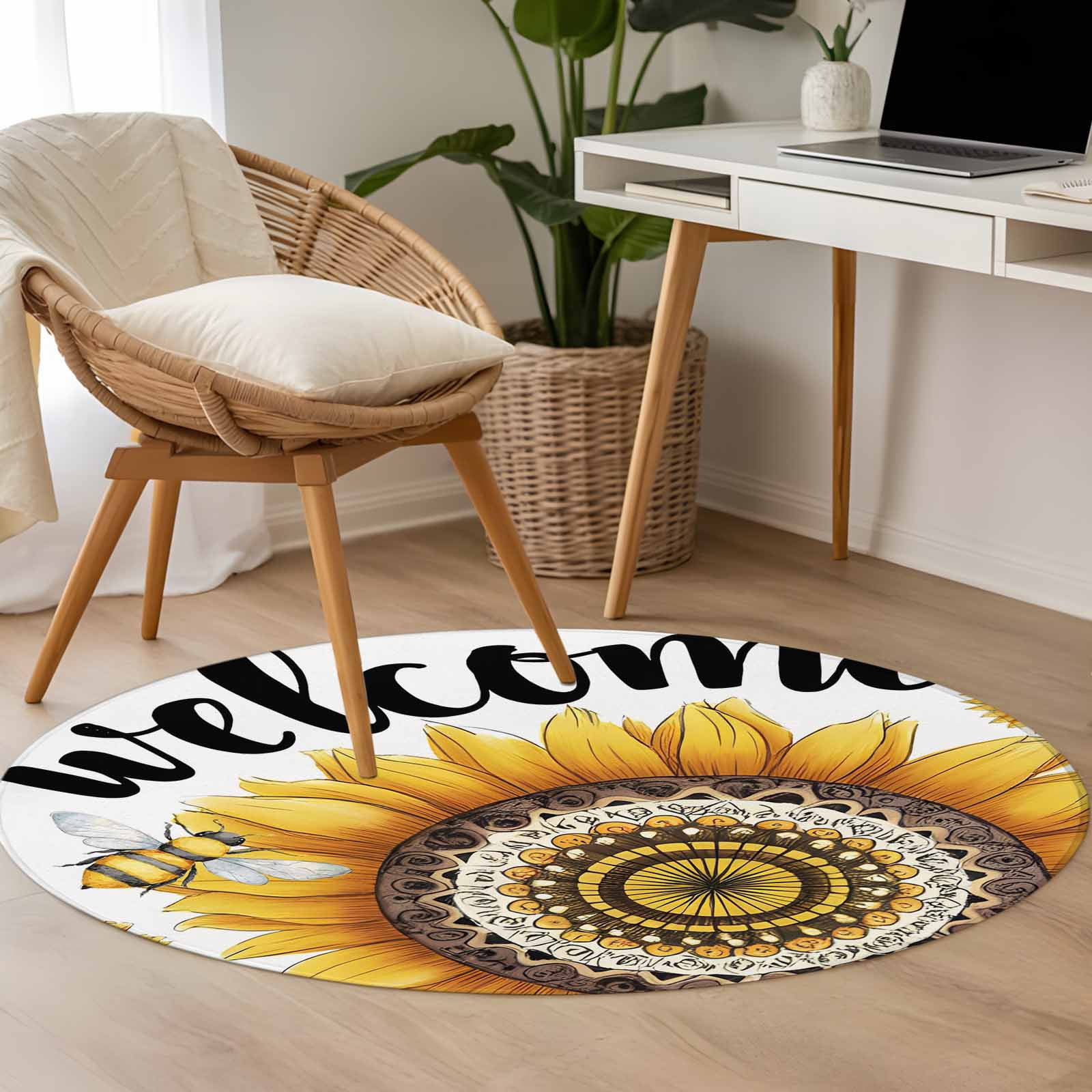 Area Rug 48in, Welcome Words Sunflowers Bee Floor Carpet Living Room ...