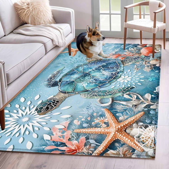 Area Rug 4x6 Ft, Blue Coastal Sea Turtle Non Slip Area Rugs for Bedroom ...