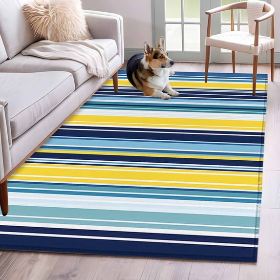 Area Rug 4x6 Ft, Blue Stripe Non Slip Area Rugs for Bedroom, Yellow ...