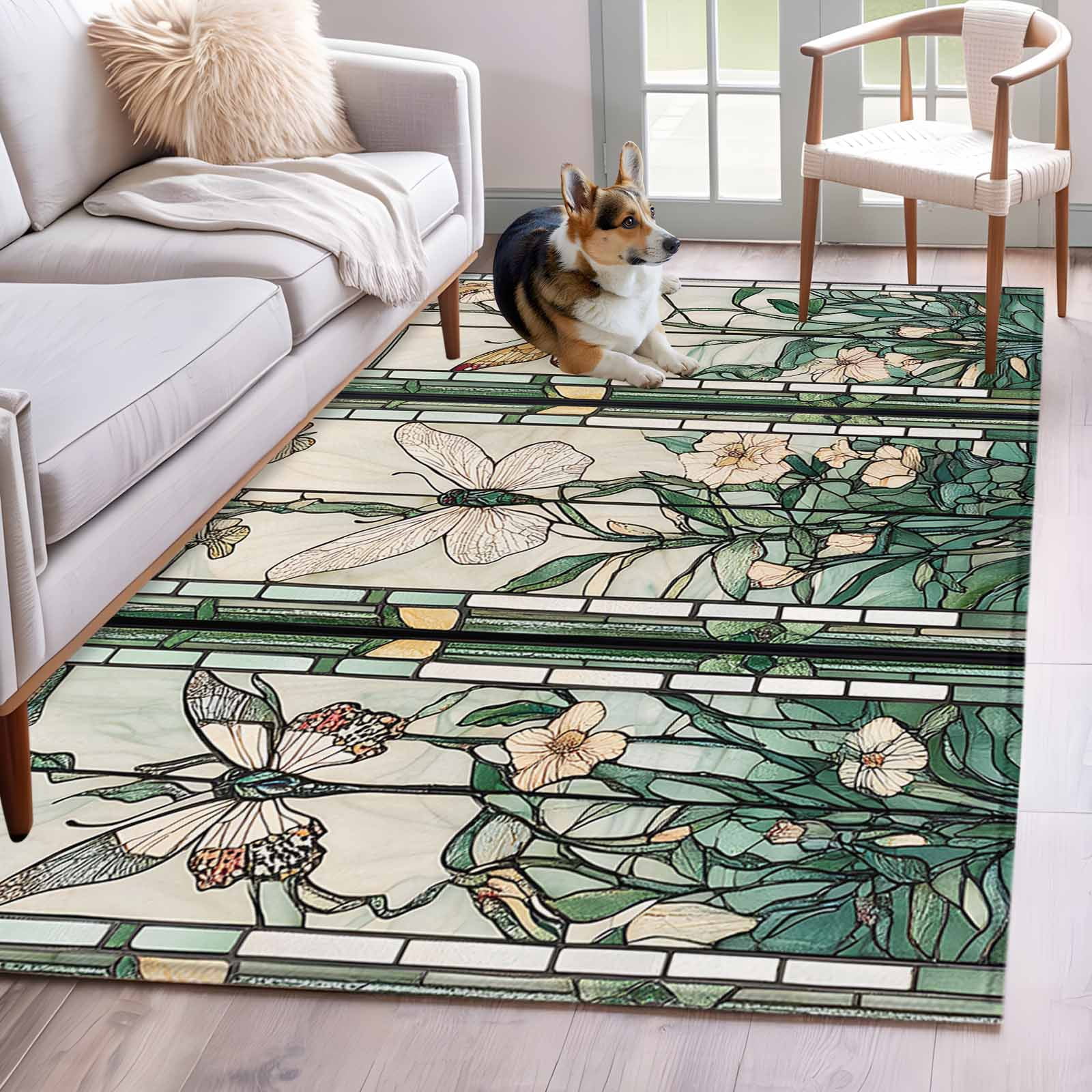 Area Rug 4x6 Ft, Retro Butterfly Non Slip Area Rugs for Bedroom, Green ...