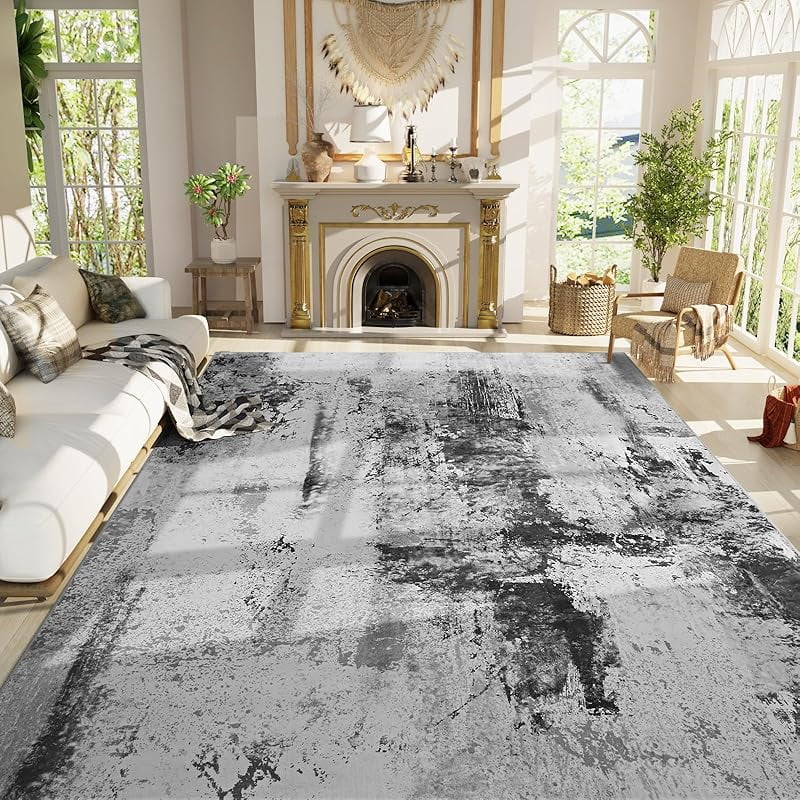 Area Rug 4x6 Grey Rug Washable Boho Rugs Non Slip Low Pile Abstract ...