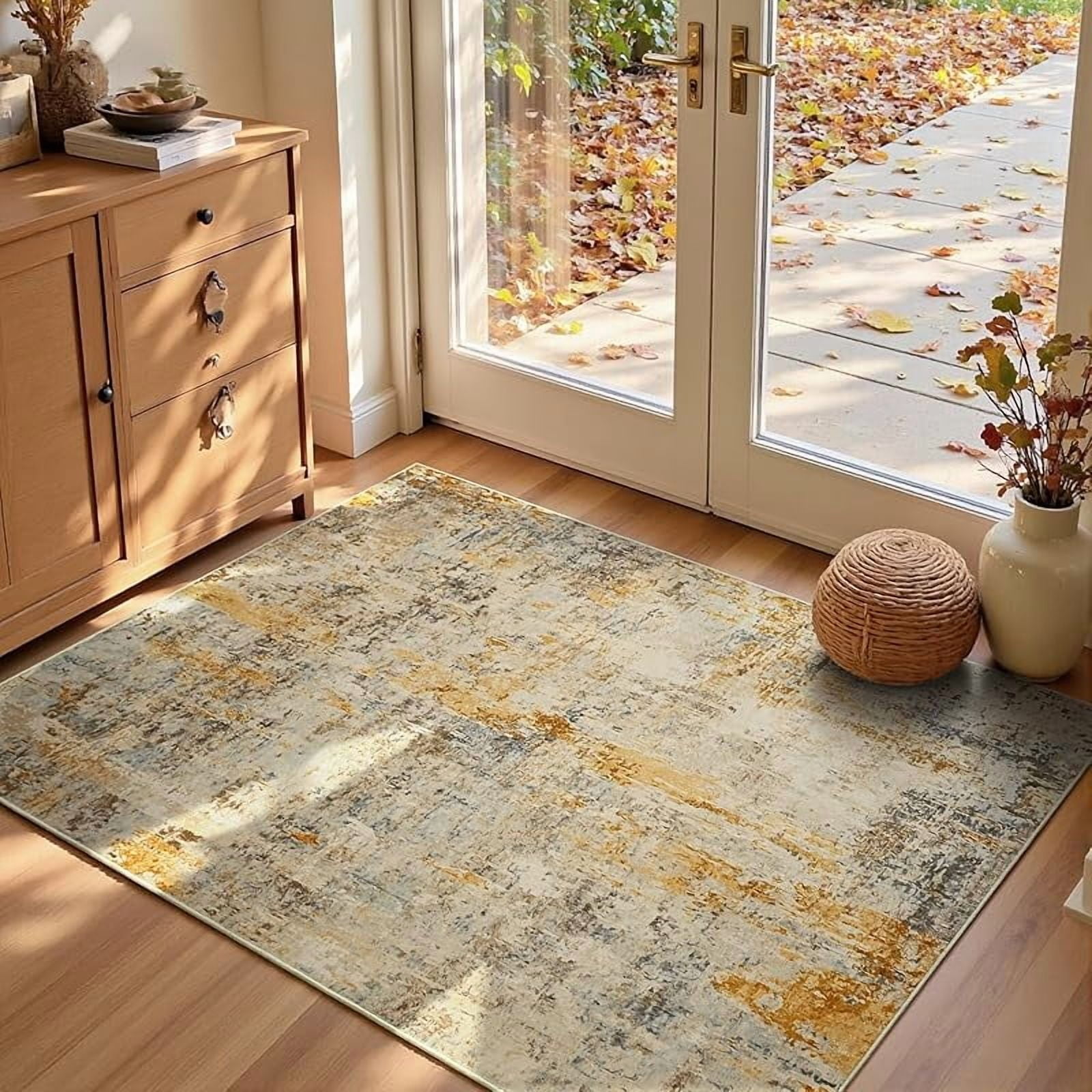 Area Rug 4x6 Grey Rug Washable Boho Rugs Non Slip Low Pile Abstract ...