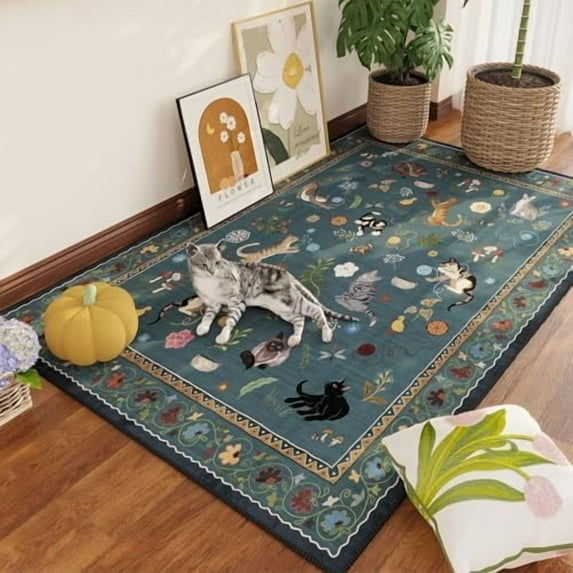 Area Rug 4x6 Rug Washable Boho Rugs Non Slip Low Pile Floral Animal Cat ...
