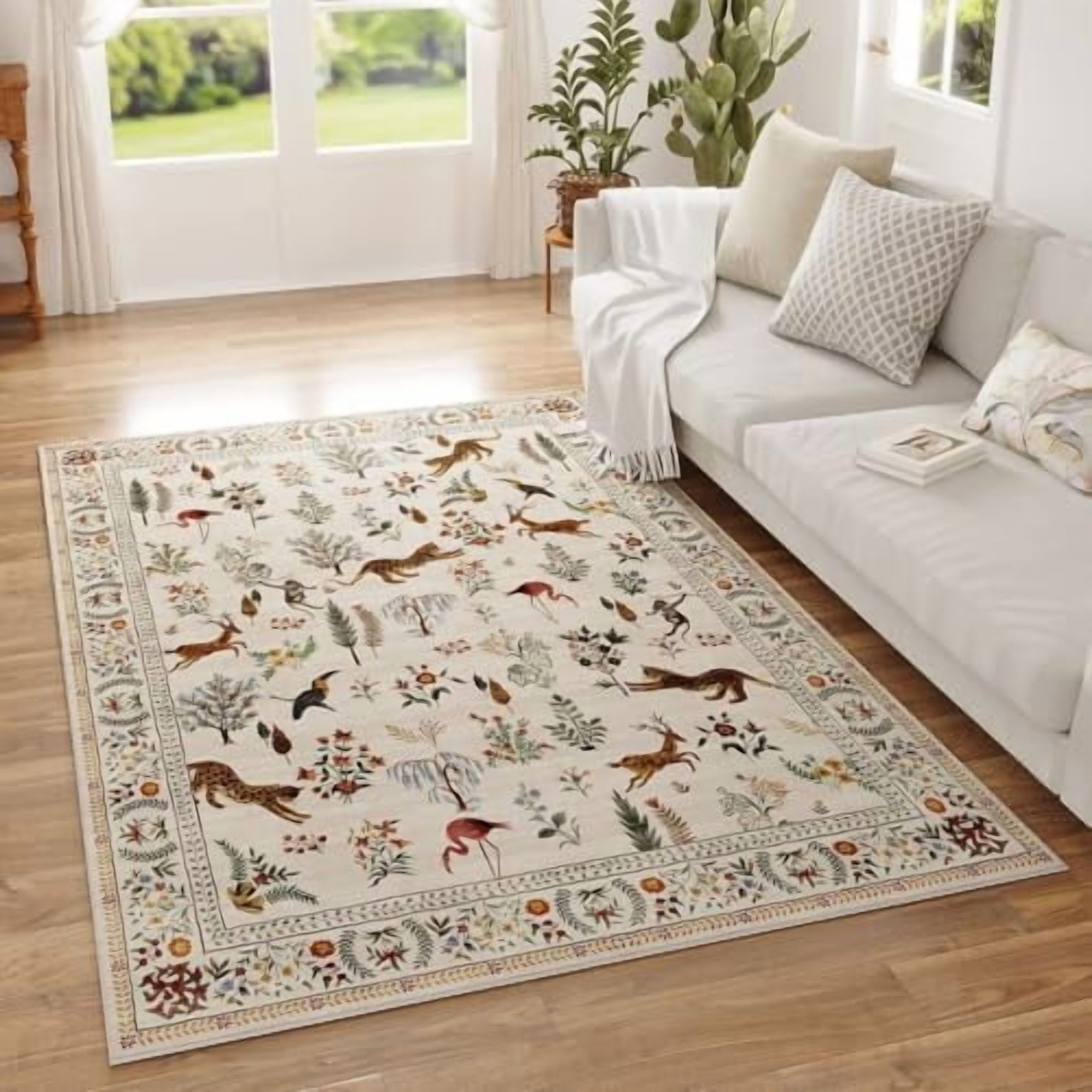 Area Rug 4x6 Rug Washable Boho Rugs Non Slip Low Pile Floral Animal ...