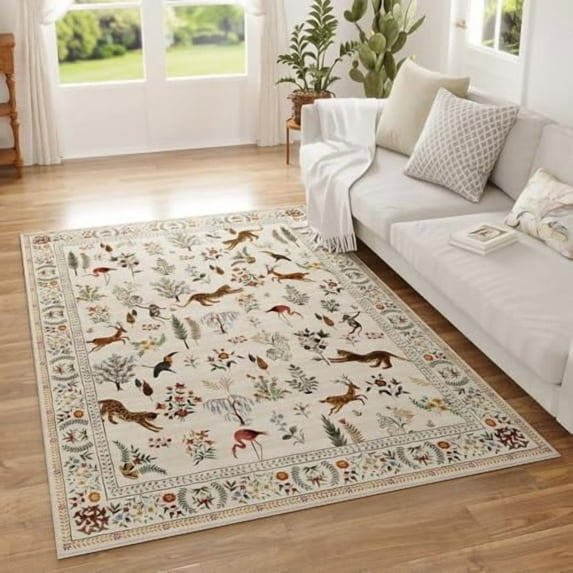 Area Rug 4x6 Rug Washable Boho Rugs Non Slip Low Pile Floral Animal ...