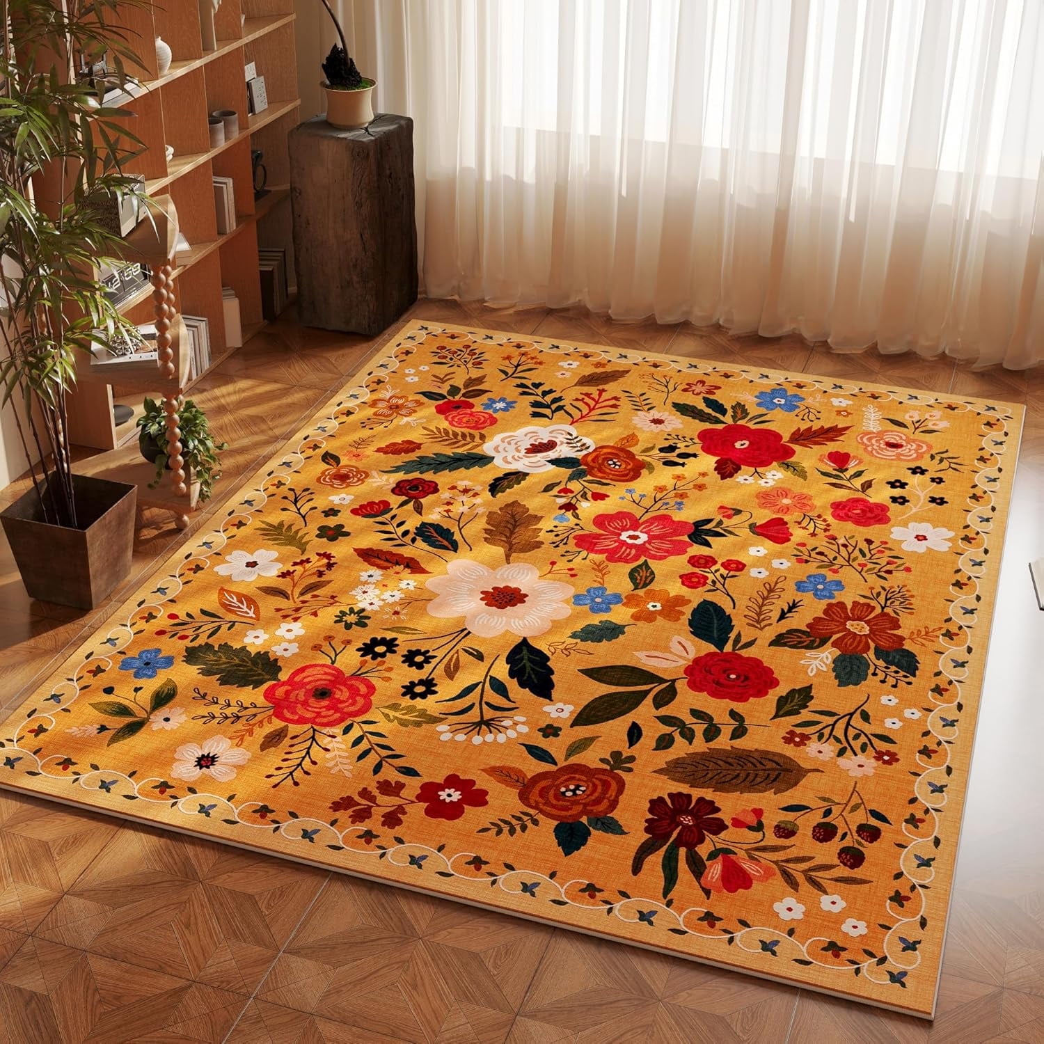 Boho Floral Area Rug 4x6 Rug Washable Boho Rugs Non Slip Low Pile ...