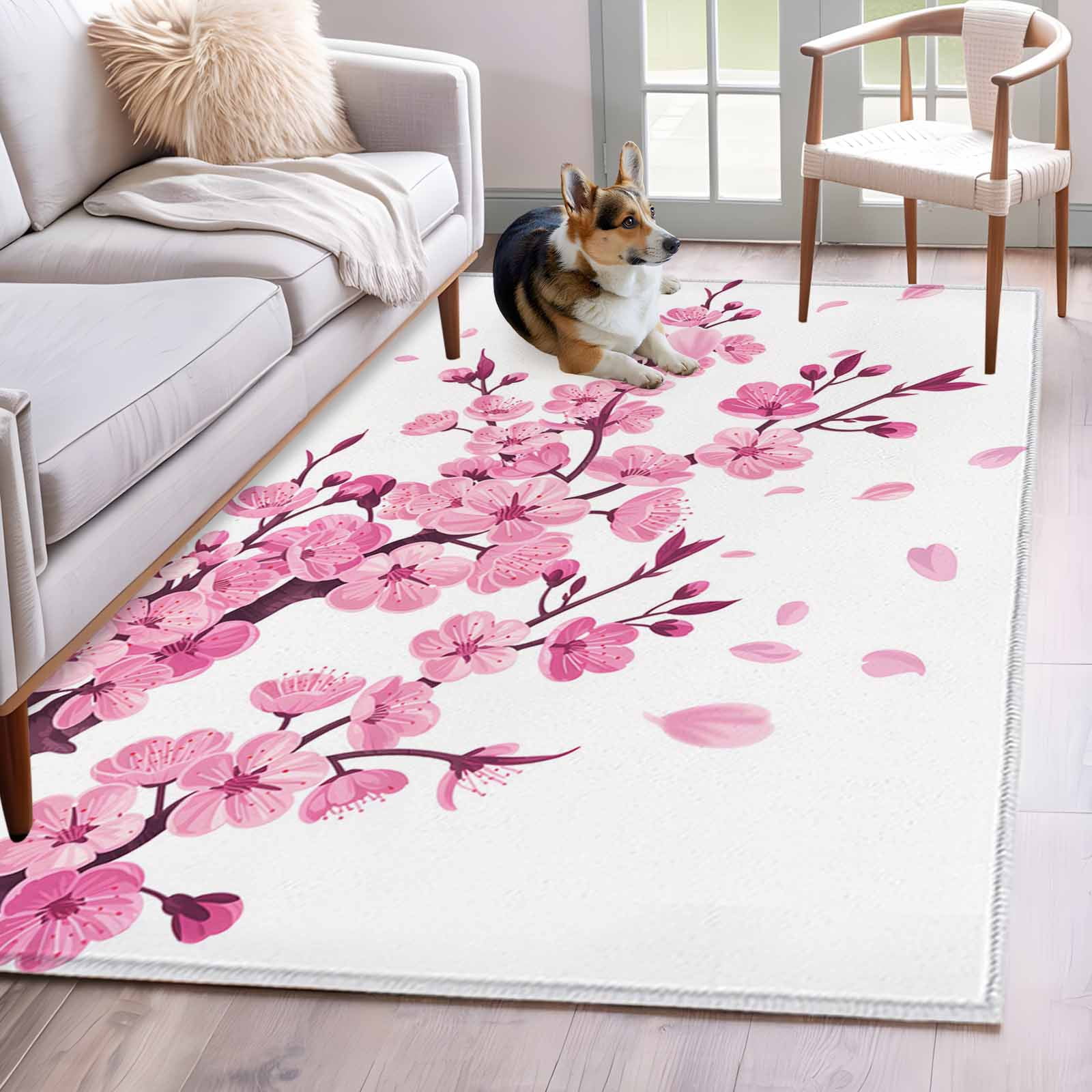 Area Rug 4x6ft, Abstract Pink Cherry Blossom Flower on White Washable ...