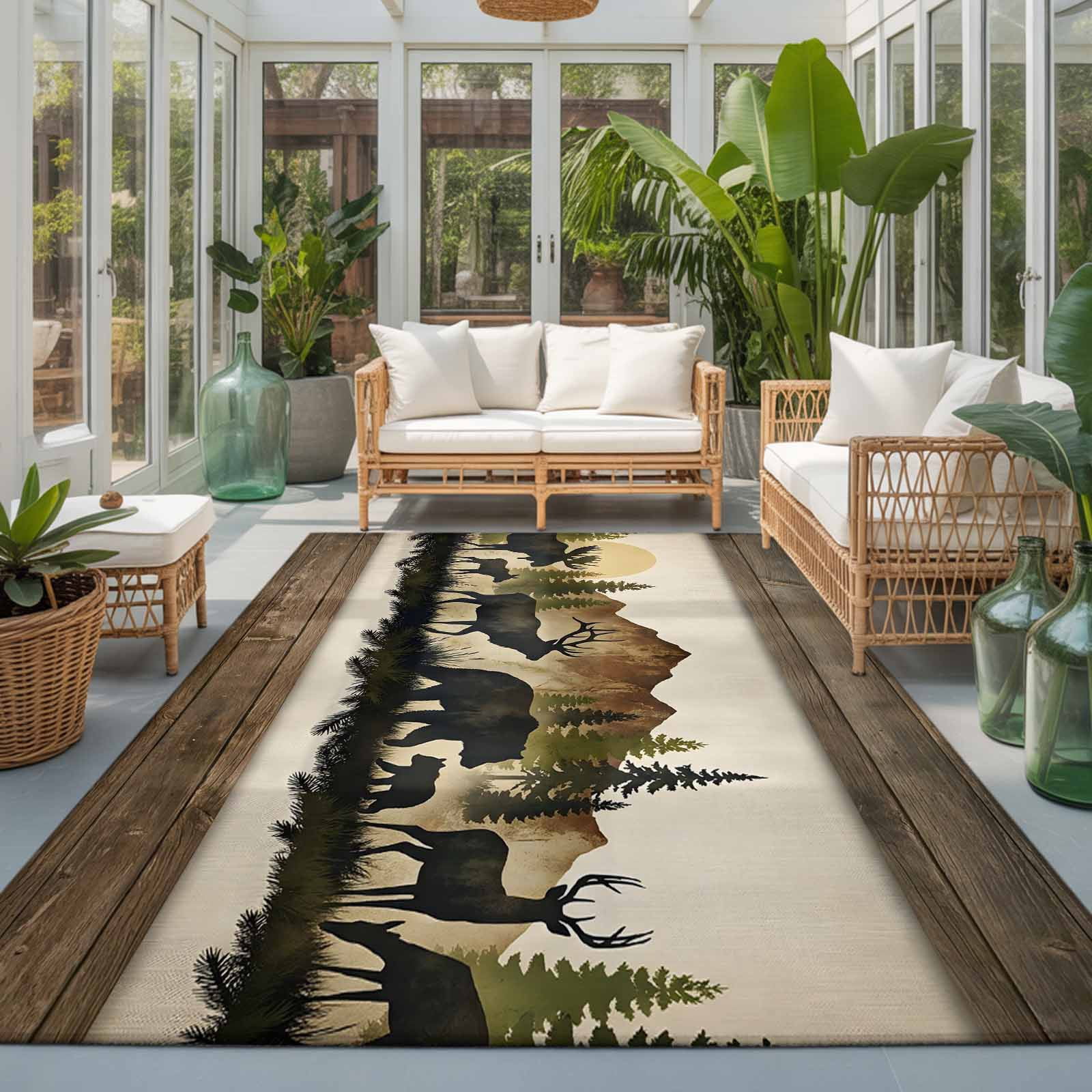 Area Rug 4x6ft, Animal Elk Bear Silhouette Washable Rugs for Living ...