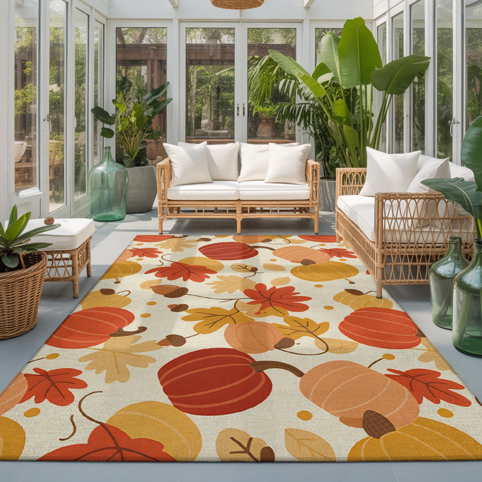 Area Rug 4x6ft, Autumn Orange Pumpkin Watercolor Maple Leaves Washable ...