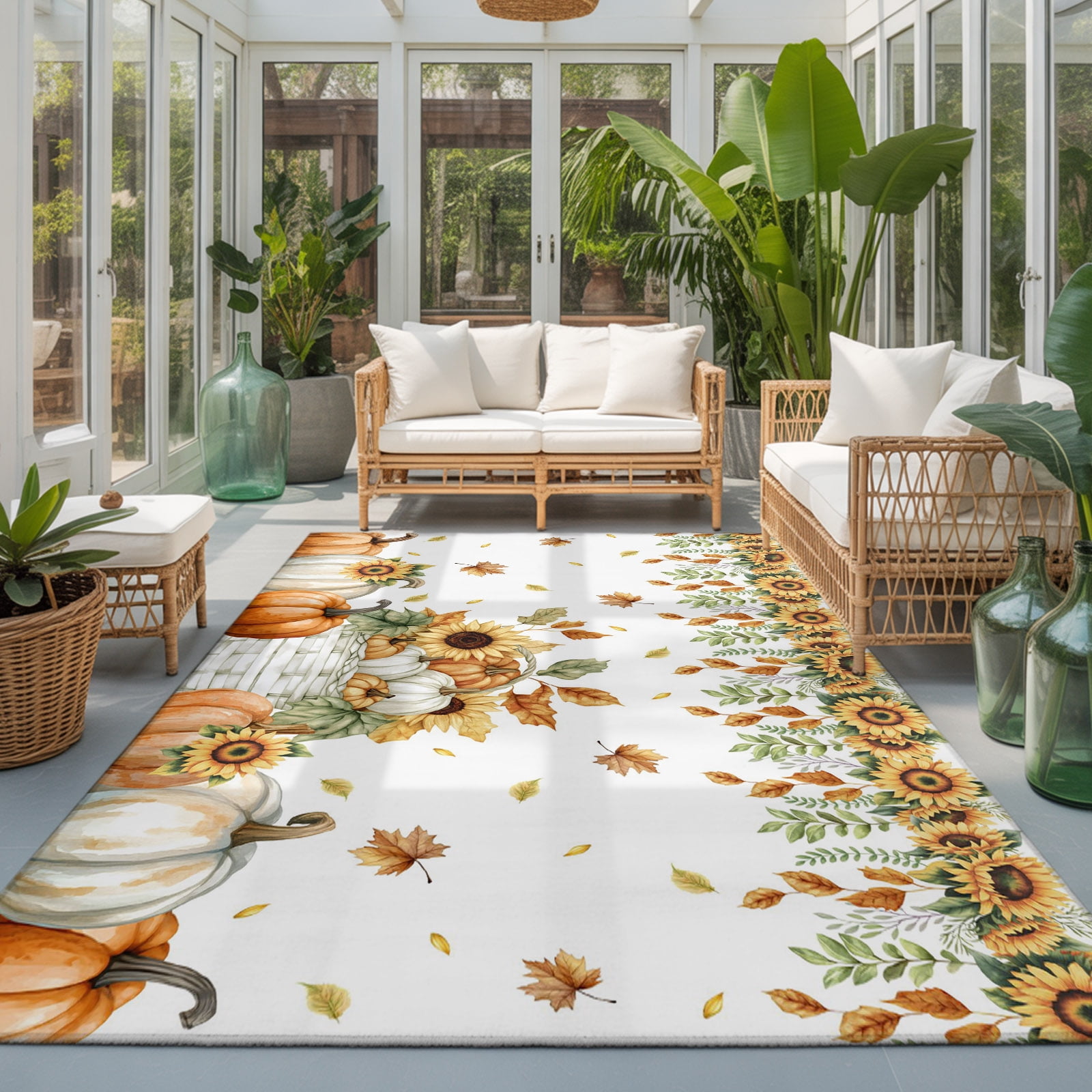 Area Rug 4x6ft, Autumn Sunflower Fallen Leaf Washable Rugs for Living ...