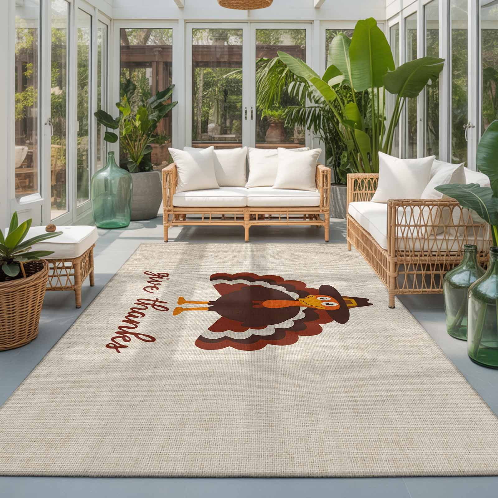 Area Rug 4x6ft, Autumn Thanksgiving Turkey Retro Linen Washable Rugs ...