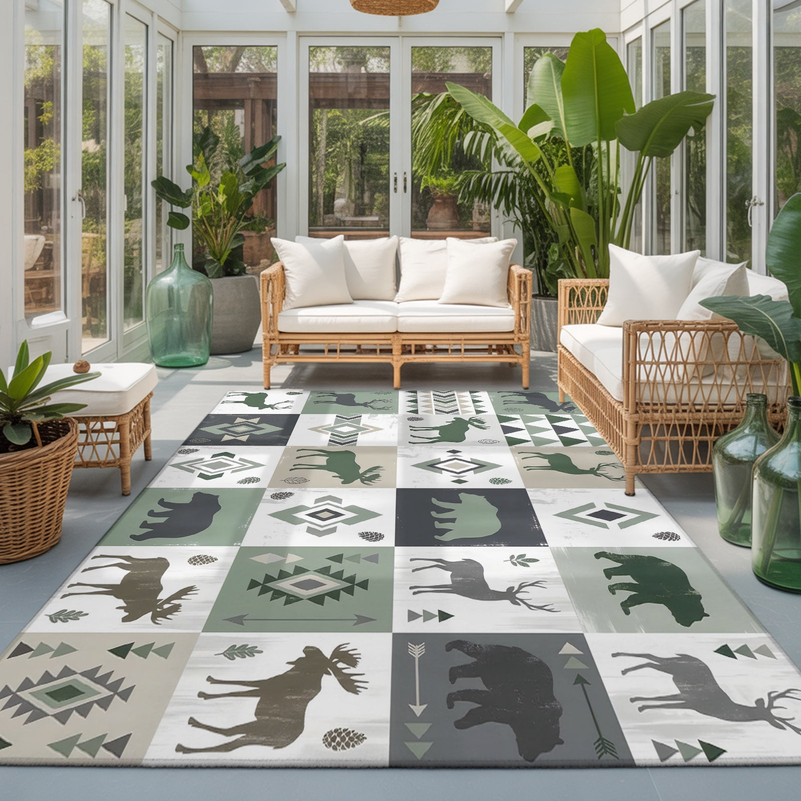 Area Rug 4x6ft, Bear Deer Animal Silhouettes Washable Rugs for Living ...