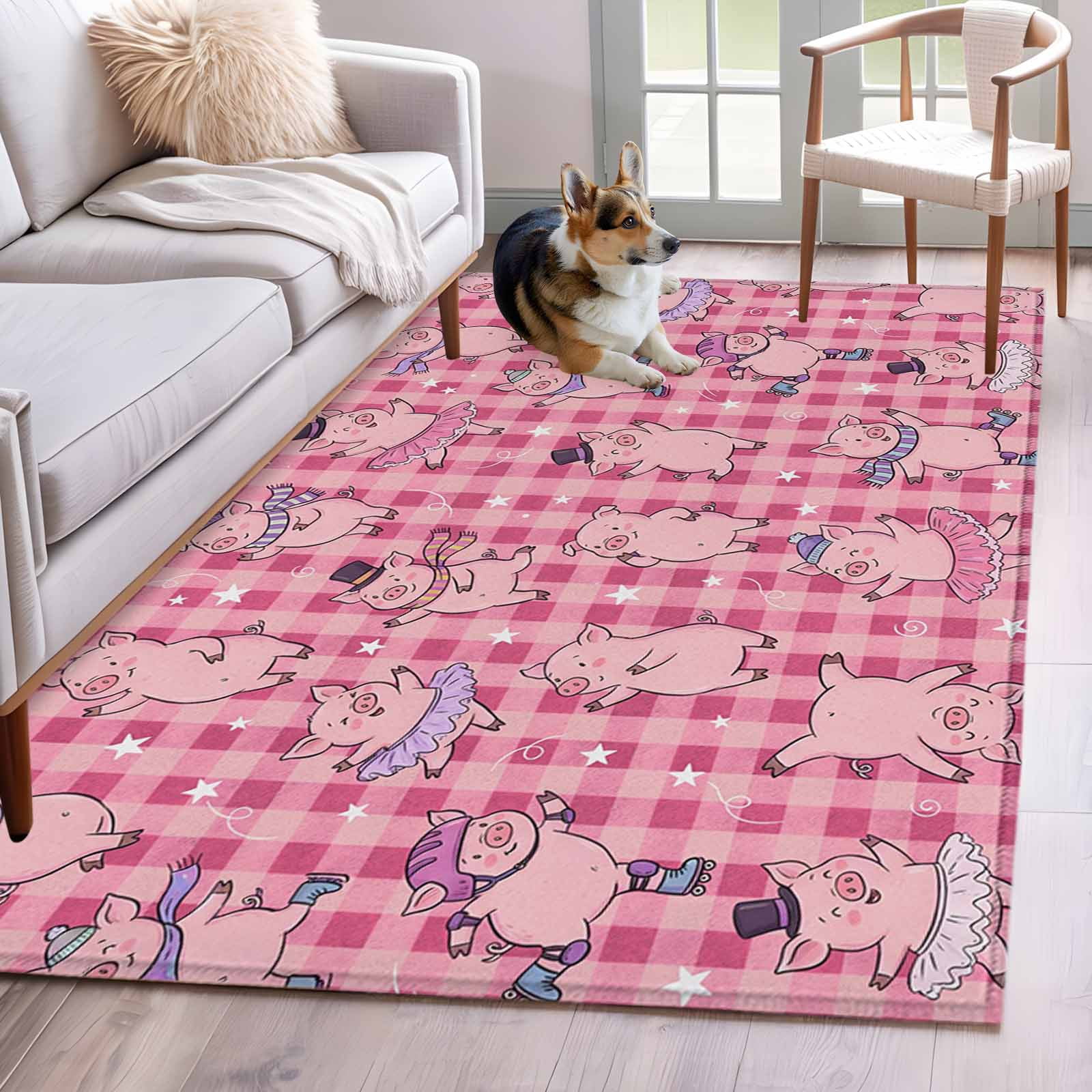 Area Rug 4x6ft, Cute Cartoon Pig Pink Buffalo Plaid Washable Rugs for ...
