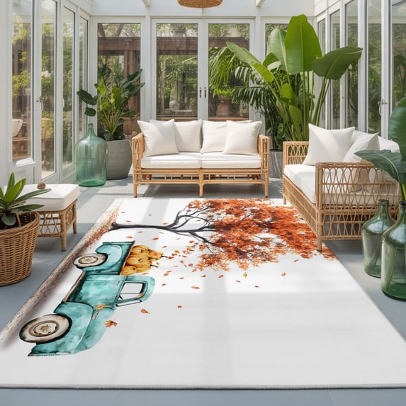 Area Rug 4x6ft, Fall Maple Leaf Tree Teal Farm Truck Washable Rugs for ...