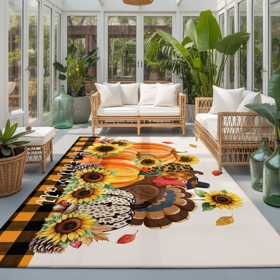 Area Rug 4x6ft, Fall Thanksgiving Orange Pumpkin Sunflower Turkey ...