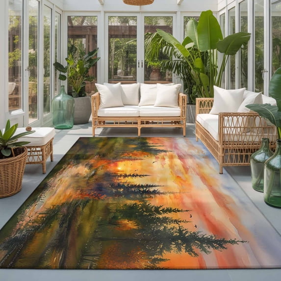 Area Rug 4x6ft, Fall Watercolor Forest Tree Washable Rugs for Living ...