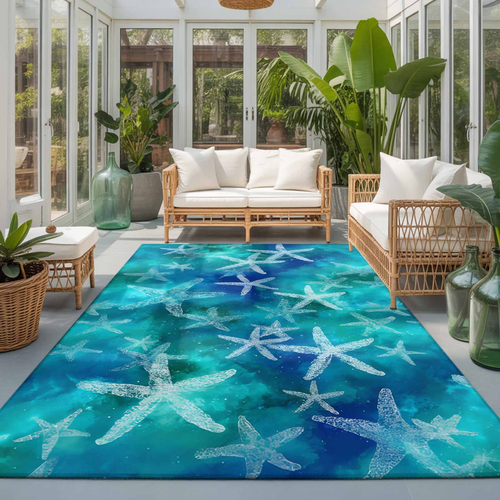 Area Rug 4x6ft, Fancy Ocean Starfish Teal Blue Washable Rugs for Living ...