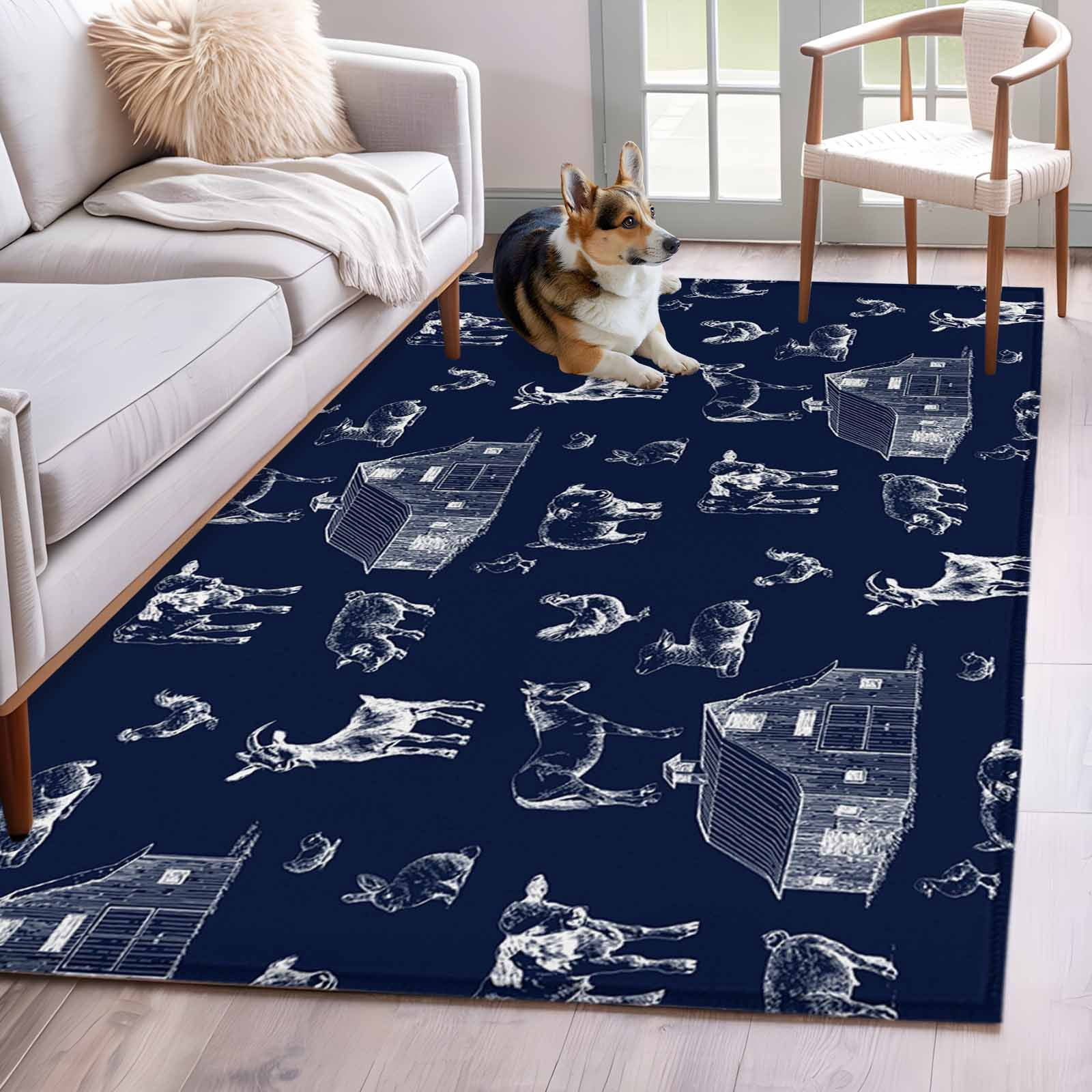 Area Rug 4x6ft, Farm Cow Chicken Navy Blue Washable Rugs for Living ...