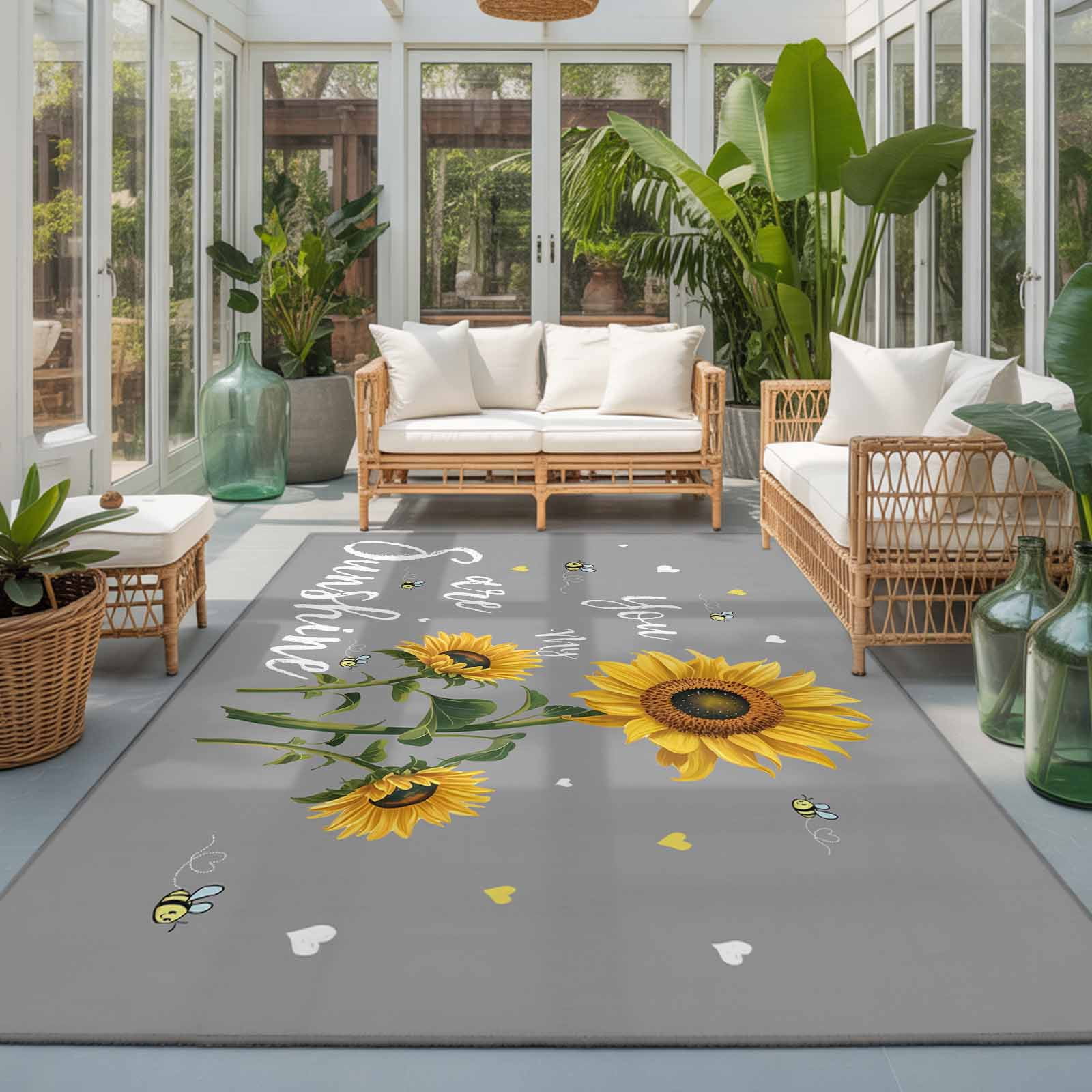 Area Rug 4x6ft, Farm Sunflower Leaves on Gray Washable Rugs for Living ...