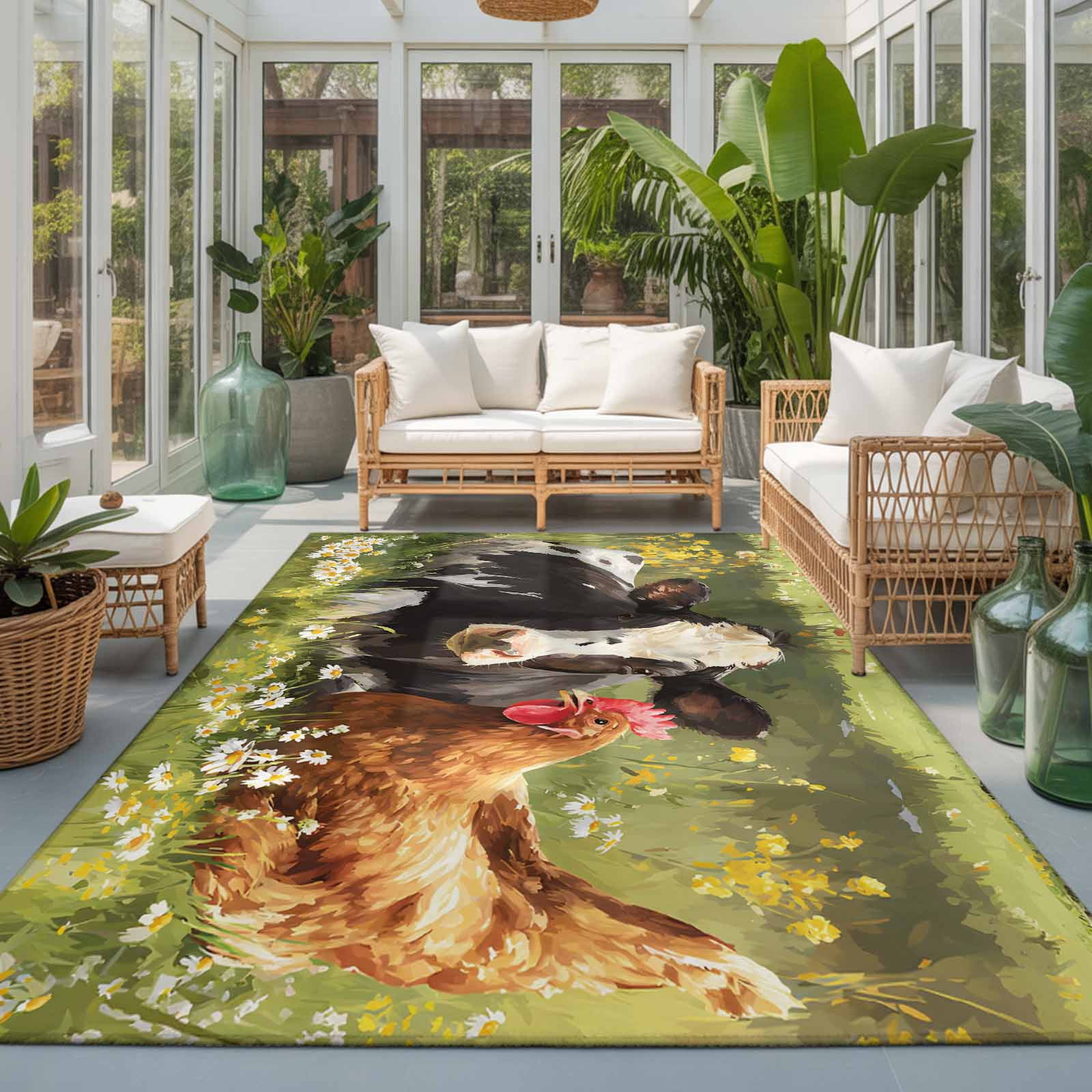Area Rug 4x6ft, Farmhouse Cow Chicken Washable Rugs for Living Room ...