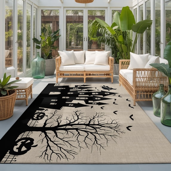 Area Rug 4x6ft, Halloween Haunted Castle Witch Riding Broom Bat ...