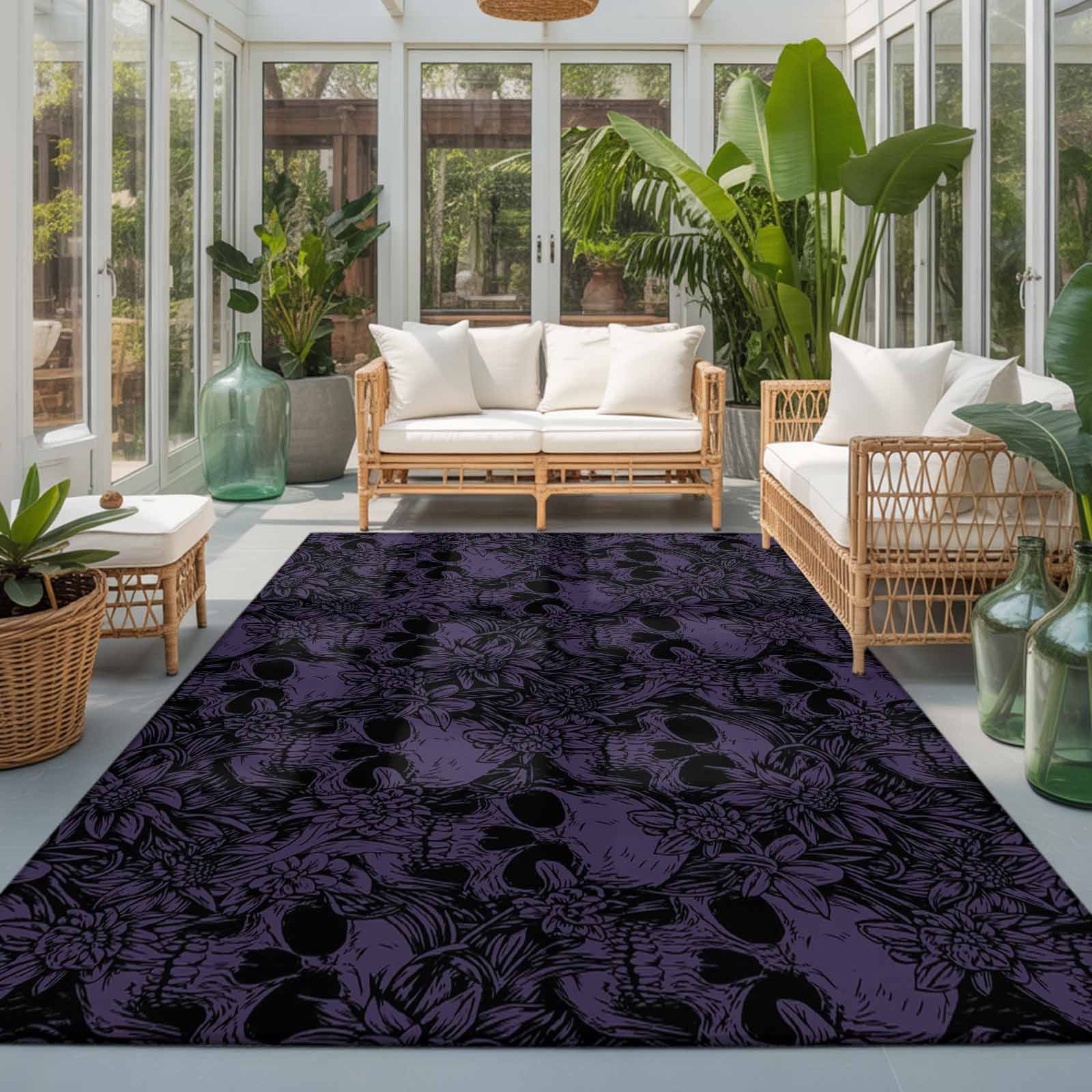 Area Rug 4x6ft, Halloween Skull Flower Purple Black Washable Rugs for ...