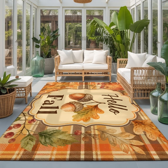 Area Rug 4x6ft, Hello Fall Words Plaid Tartan Border Washable Rugs for ...