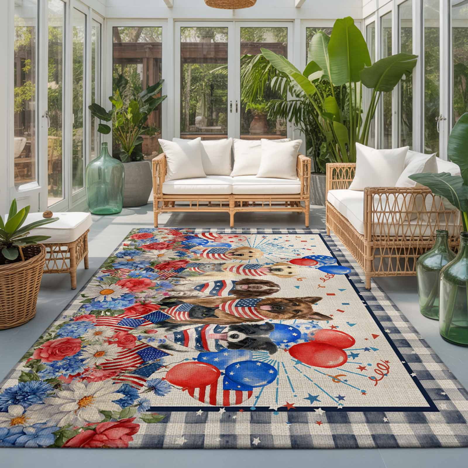 Area Rug 4x6ft, Independence Day Cute Dogs Washable Rugs for Living ...