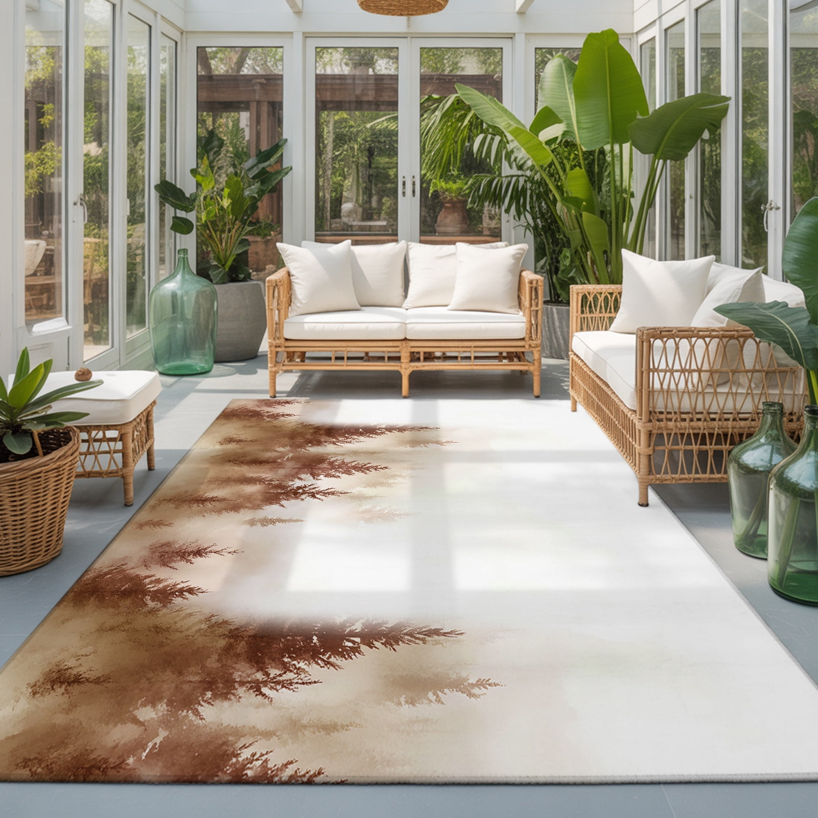 Area Rug 4x6ft, Misty Forest Retro Brown Tree Washable Rugs for Living ...