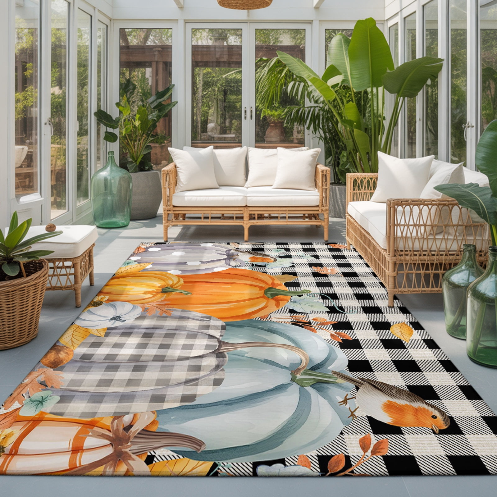 Area Rug 4x6ft, Orange Pumpkin Fall Maple Leaves Thanksgiving Bird ...