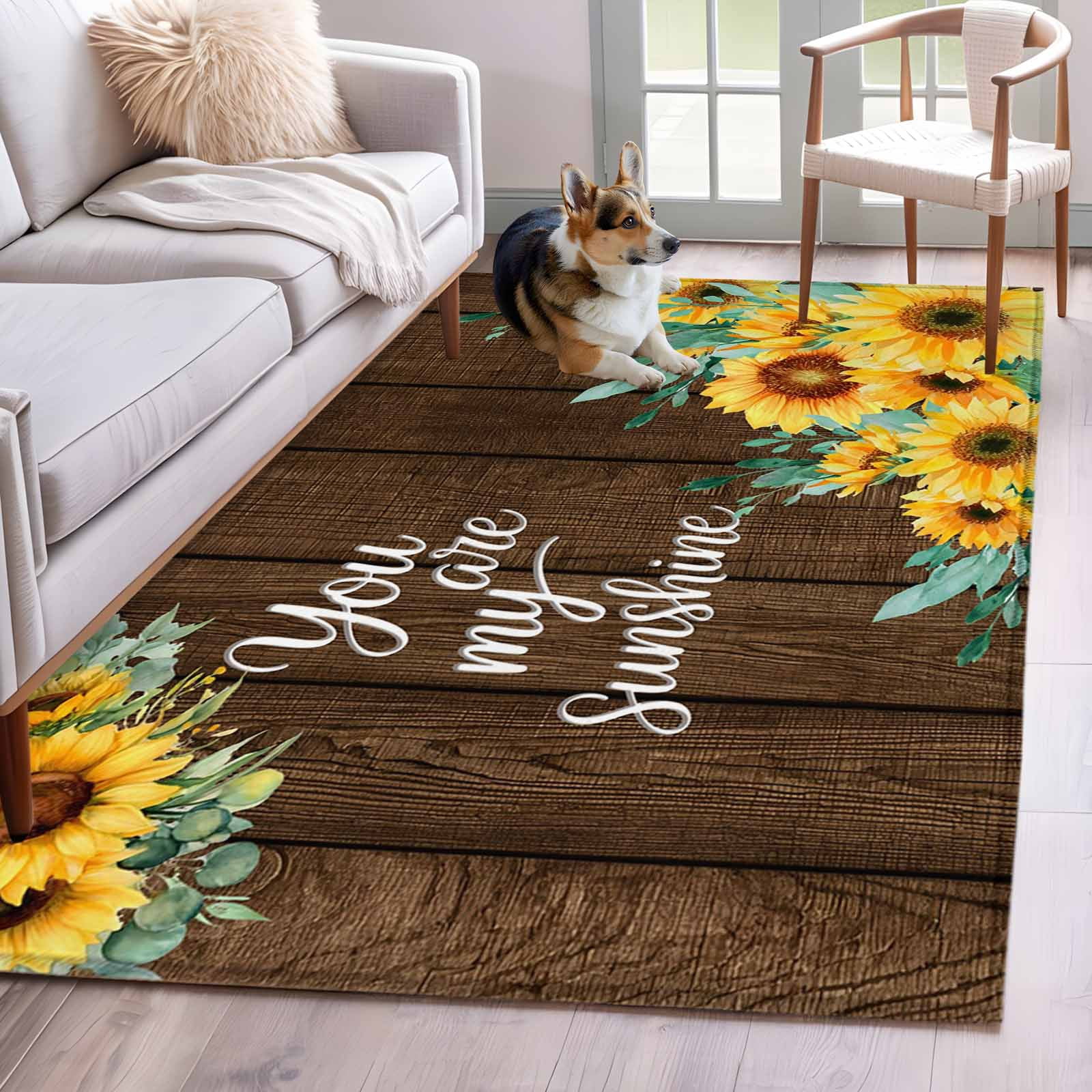 Area Rug 4x6ft, Pastoral Sunflower Brown Plank Washable Rugs for Living ...
