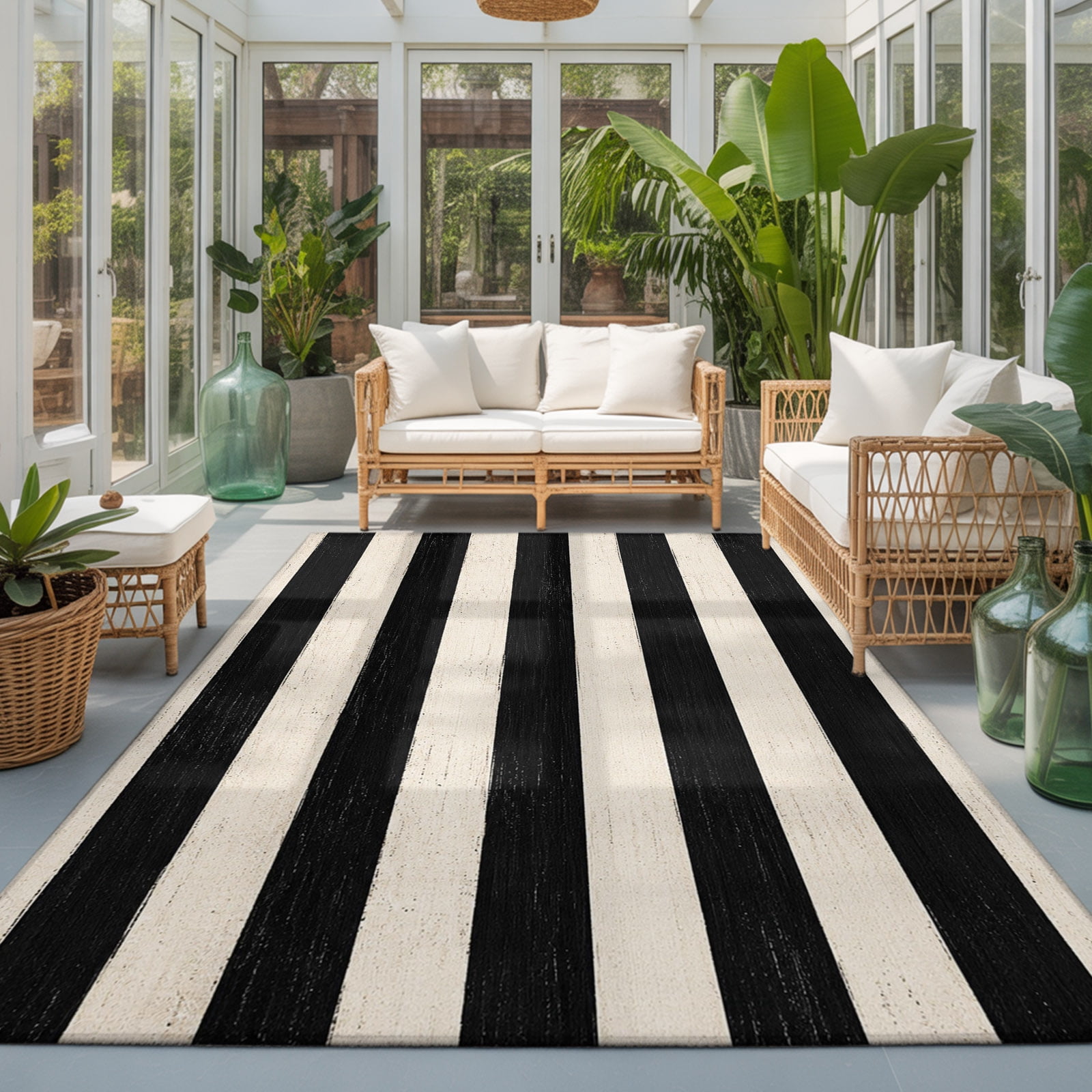 Area Rug 4x6ft, Retro Black Striped Pattern Washable Rugs for Living ...