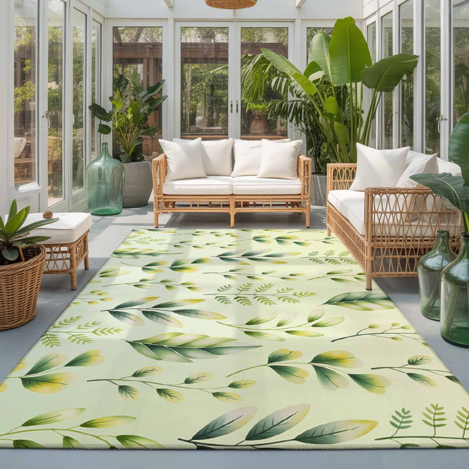 Area Rug 4x6ft, Spring Watercolor Green Leaves Washable Rugs for Living ...