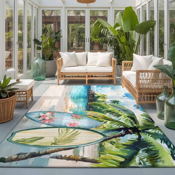 Area Rug 4x6ft, Summer Beach Surfing Coconut Tree Washable Rugs for ...