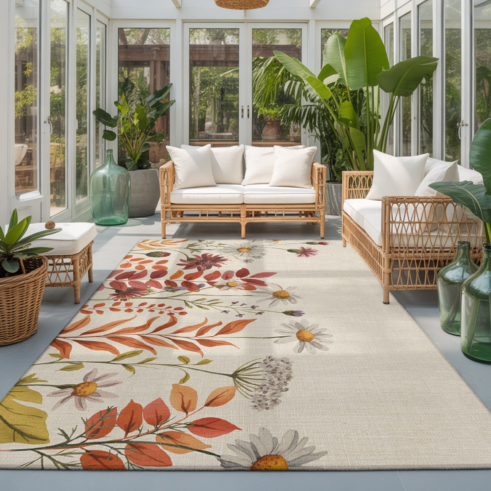 Area Rug 4x6ft, Thanksgiving Fall Daisy Flower Leaves Watercolor ...