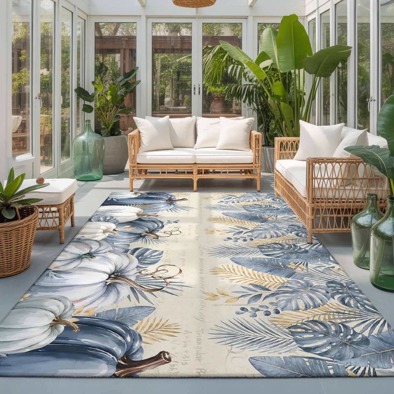 Area Rug 4x6ft, Thanksgiving Pumpkin Tropical Palm Leaves Washable Rugs ...