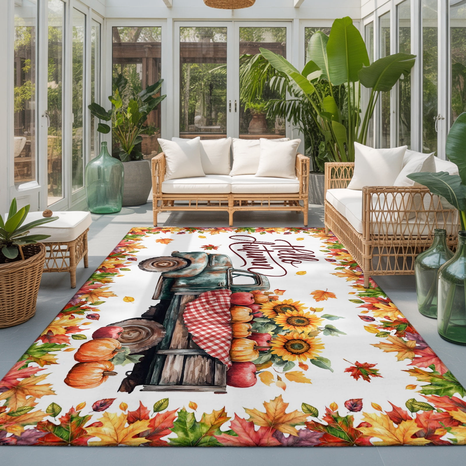 Area Rug 4x6ft, Watercolor Fall Maple Leaf Truck Washable Rugs for ...