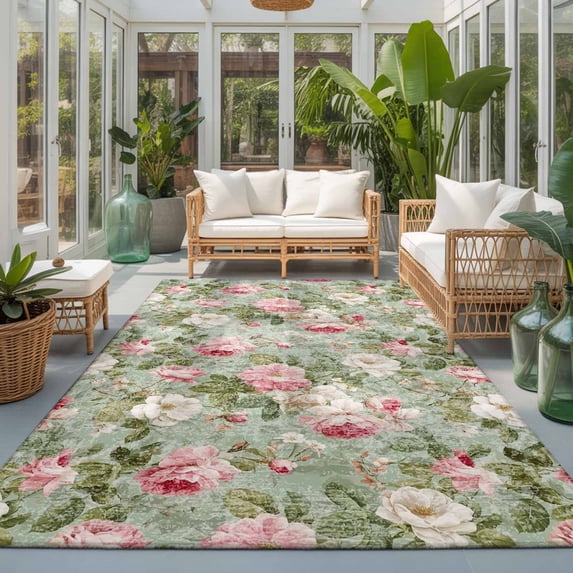 Area Rug 4x6ft, Watercolor Spring White Pink Flower Washable Rugs for ...