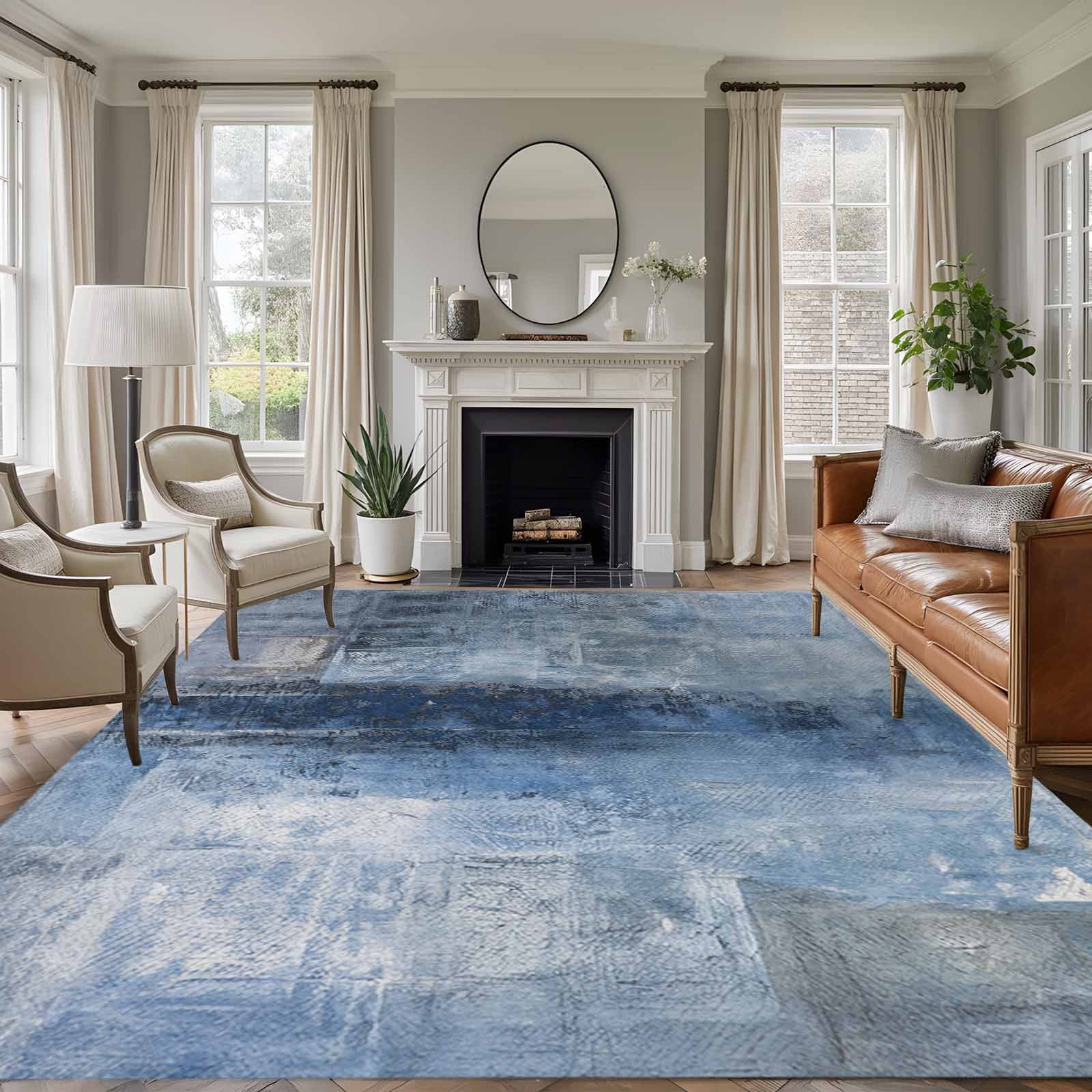 Area Rug 5'x7', Blue Non-slip Runner Rug Carpet for Bedside, Retro Oil ...