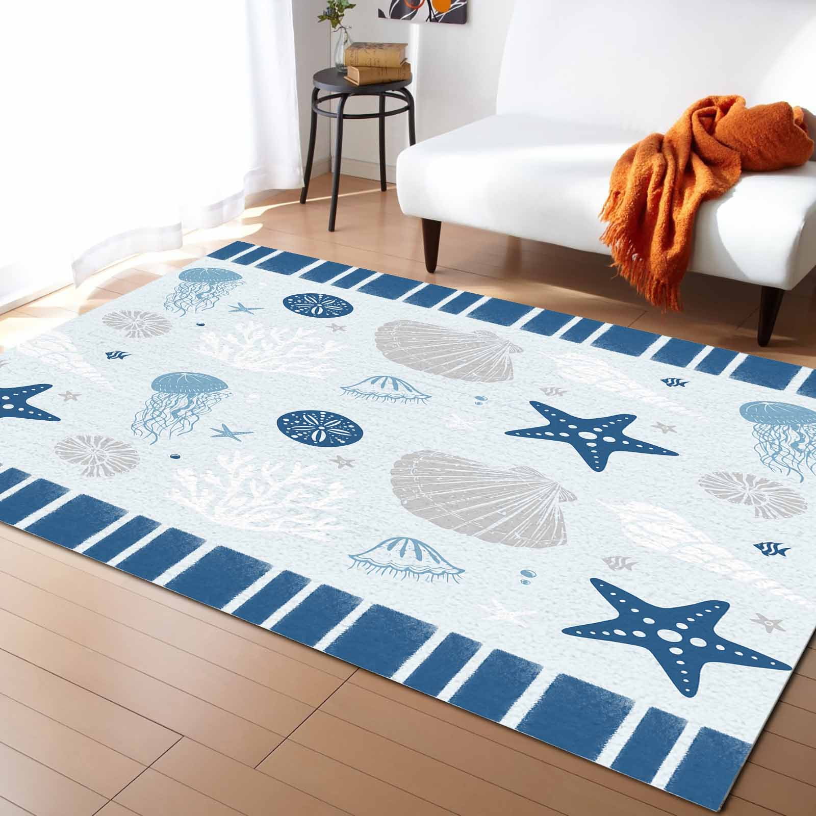Area Rug 5'x7' Blue Starfish Seashell Jellyfish Coral Washable Area ...