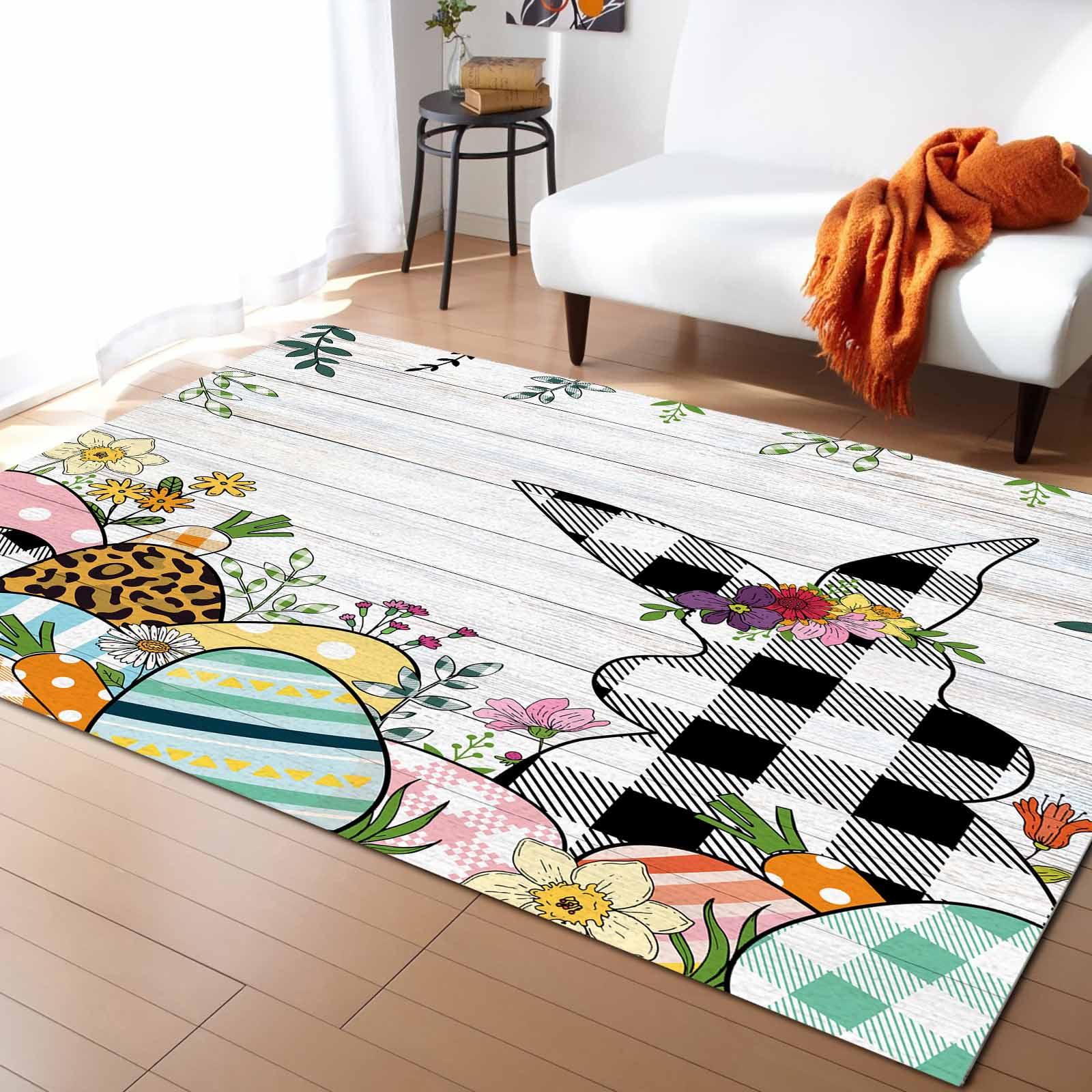 Area Rug 5'x7' Easter Bunny Plaid Rabbit Eggs Carrot Spring Flower Wood ...