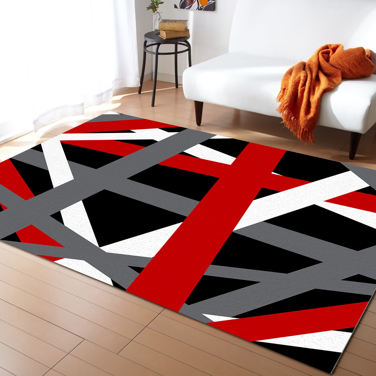 Area Rug 5'x7' Geometric Abstract Red White and Grey Lines Washable ...