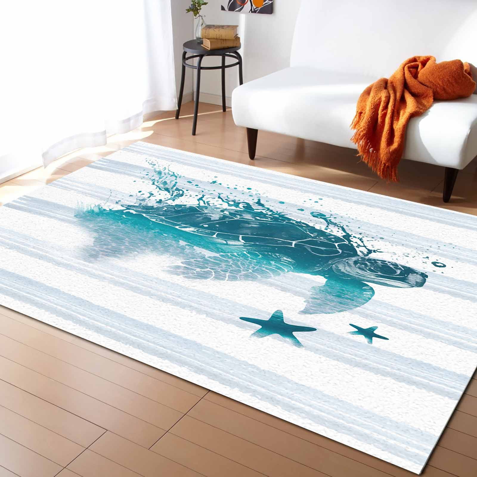 Area Rug 5'x7' Summer Ocean Blue Sea Turtle Blue Stripes Washable Area ...